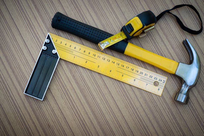 Hammer Try Square and Tape Measure are Set of Hand Tools Stock Photo ...