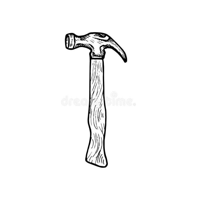 Hammer with Wooden Handle, Gravure Style Hand Drawn Vector Illustration ...