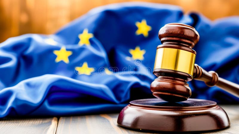 A Gavel Sitting on Top of a Wooden Table Next To an Eu Flag, AI Stock ...