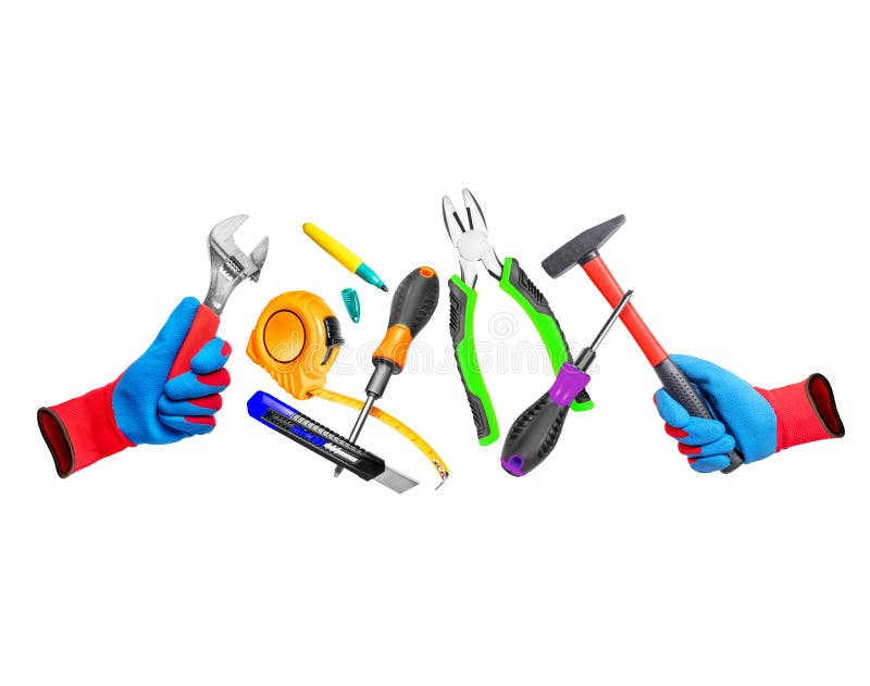 Hammer and Wrench in Hands with New Construction Tools Stock Photo ...