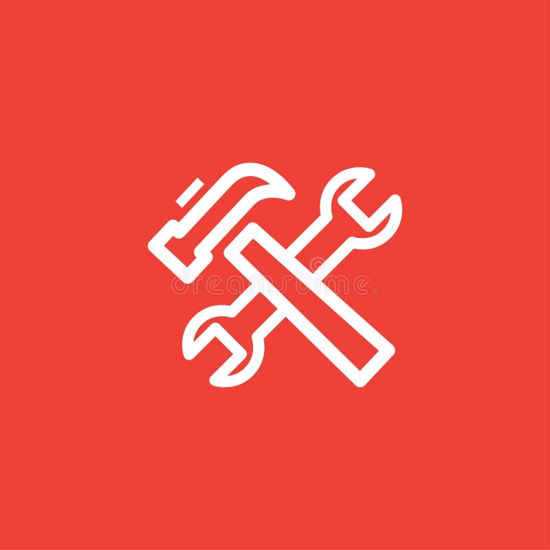 Hammer and Wrench Line Red Icon on White Background. Red Flat Style ...