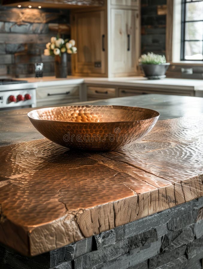 Hammered Copper Bowl on Rustic Wooden Countertop in Modern Kitchen ...