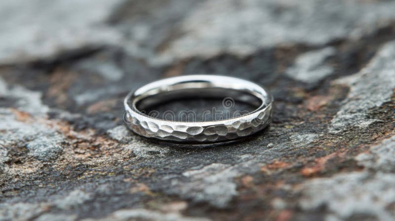Hammered Silver Band Wedding Ring on Rock Stock Illustration ...