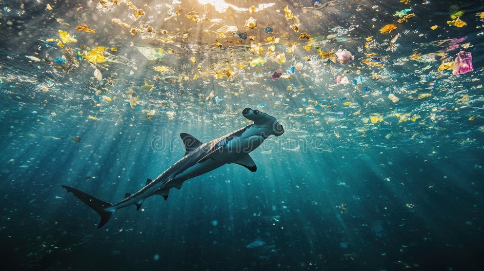 Hammerhead Shark in Polluted Waters, Surrounded by Microplastics and ...