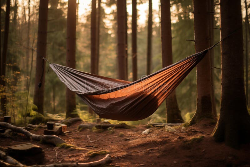 Hammock Hanged between Two Trees in Forest. Generative AI Stock Image ...