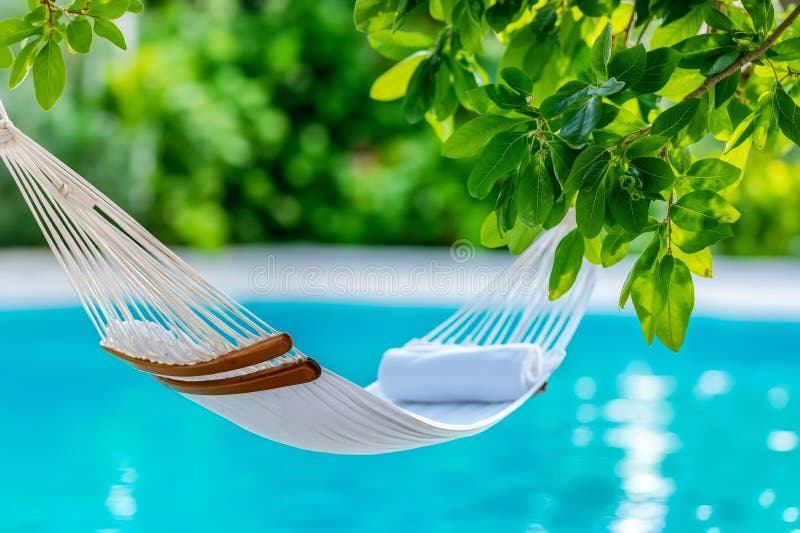 A Hammock Hanging from a Tree Next To a Swimming Pool Stock Photo ...