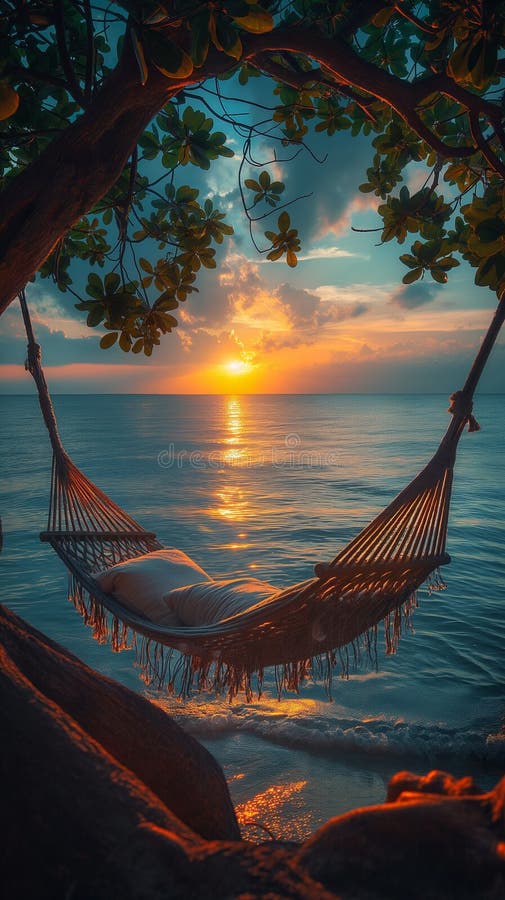 Hammock Hanging from Tree Overlooking Ocean Sunset Stock Photo - Image ...