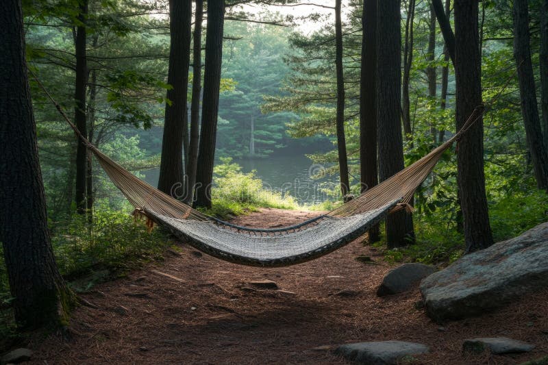 Hammock Hanging Trees Peaceful Forest Lake Stock Photos - Free ...
