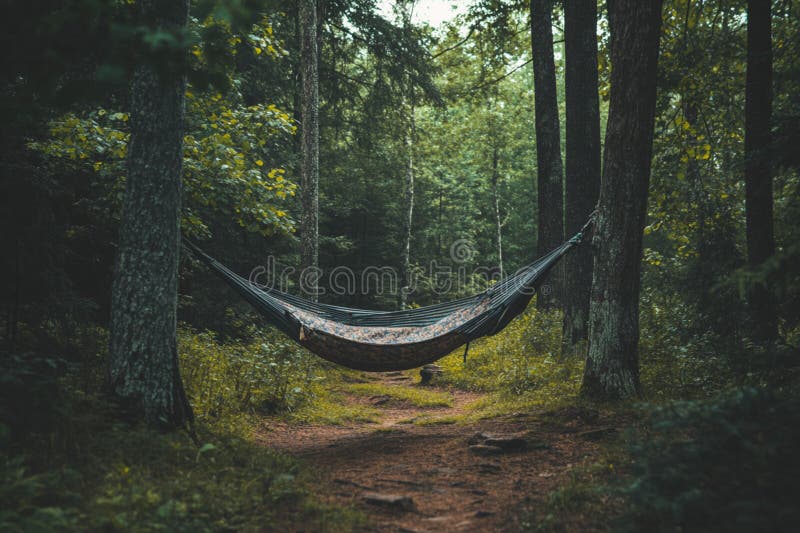 Hammock Hanging between Trees in a Serene Forest Setting, Surrounded by ...