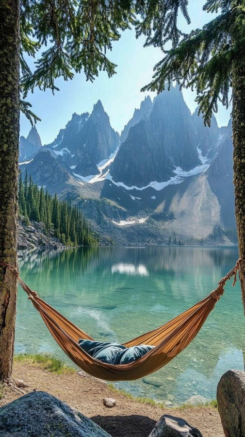 Hammock Hanging between Two Trees Overlooking a Mountain Lake Stock ...