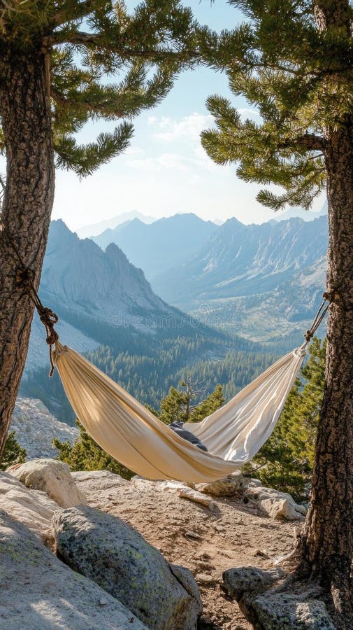 Hammock Hanging between Two Trees Overlooking Mountain Valley Stock ...