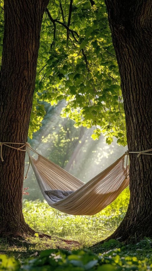 Hammock Hanging between Two Trees in Sunny Forest Stock Image - Image ...
