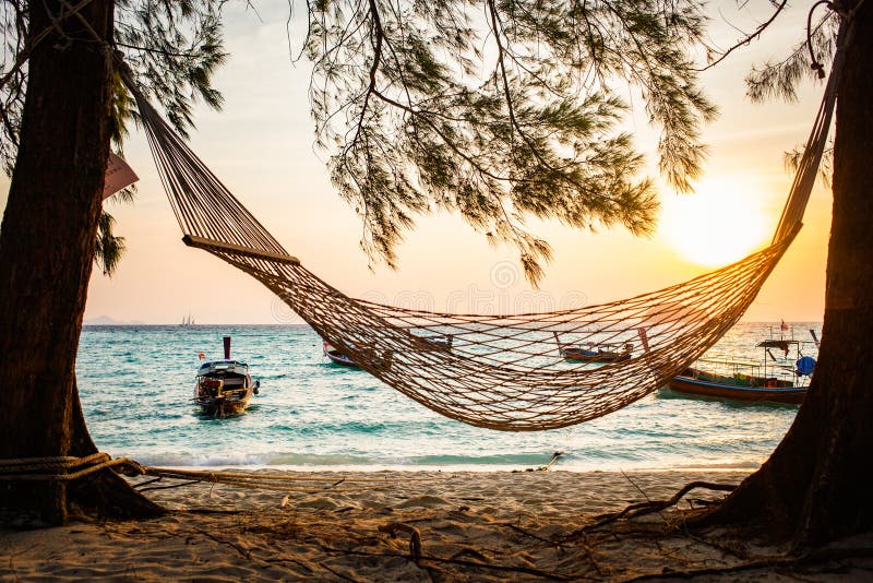 Hammock by the Seaside at Sunset - Holiday Relaxation Stock Photo ...
