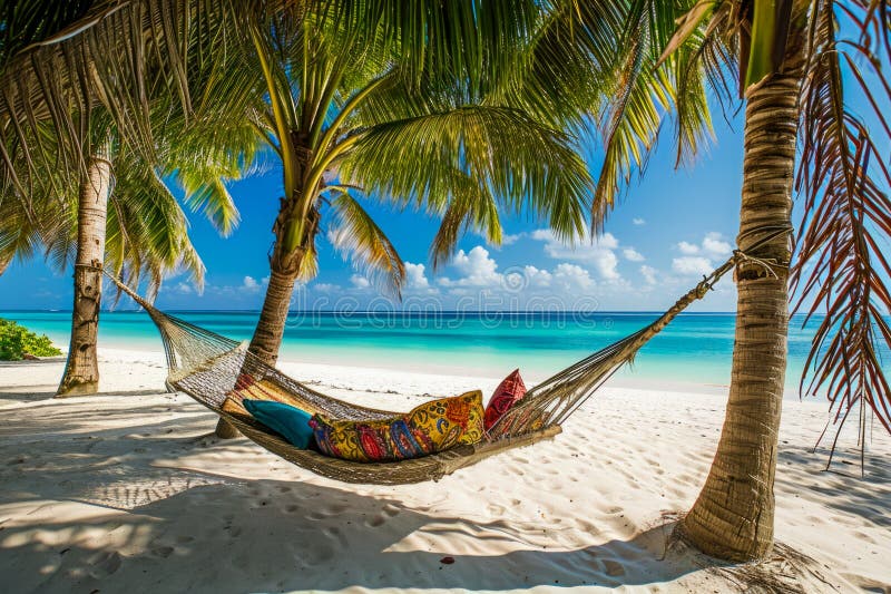 Hammock Swaying Gently between Two Palm Trees, Overlooking a Pristine ...