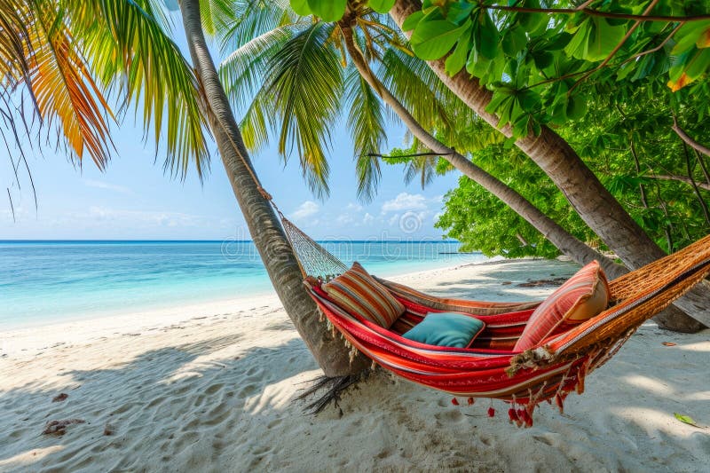 Hammock Swaying Gently between Two Palm Trees, Overlooking a Pristine ...