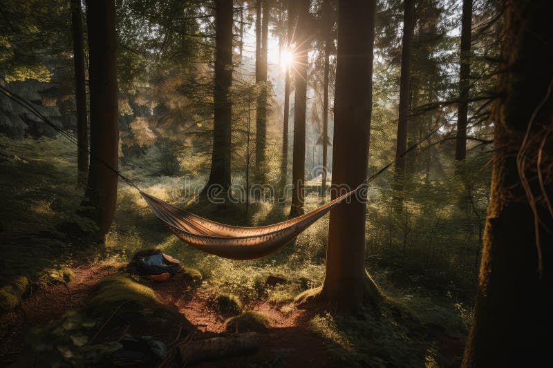 Hammock Swing Hanging from a Tree in the Middle of a Forest Stock ...