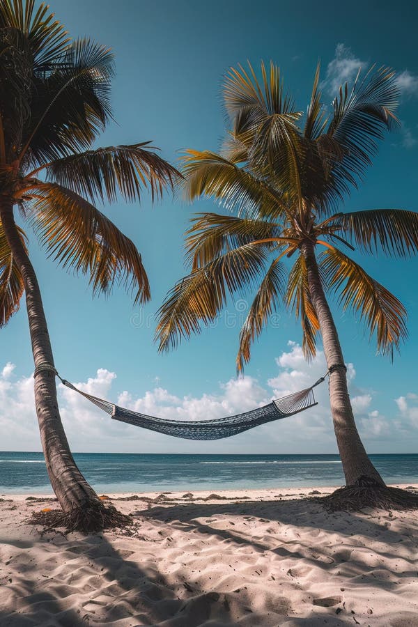 A Hammock Tied between Two Palm Trees on a Deserted Beach Swaying ...