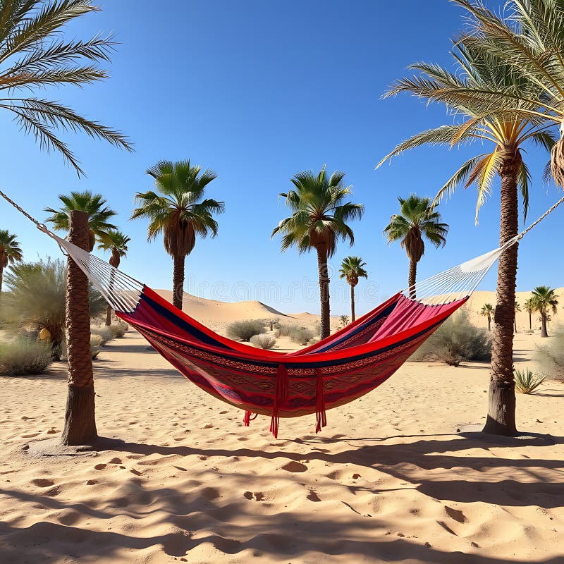 A Hammock with a Vibrant Pattern Set Up in the Center of a Desert Oasis ...
