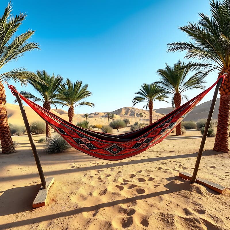 A Hammock with a Vibrant Pattern Set Up in the Center of a Desert Oasis ...