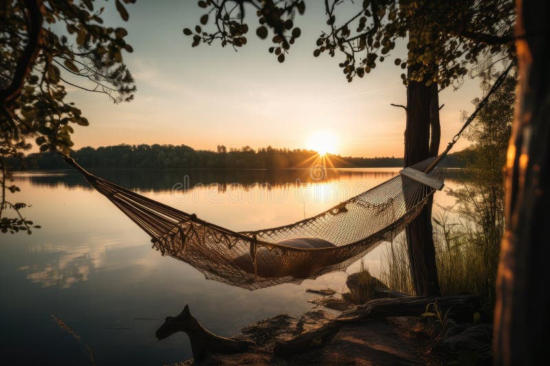 A Hammock with a View of the Sunset on a Serene Lake Stock Image ...