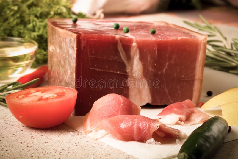 Hamon, Herbs and Spices on a Stone Table. Toned Stock Photo - Image of ...