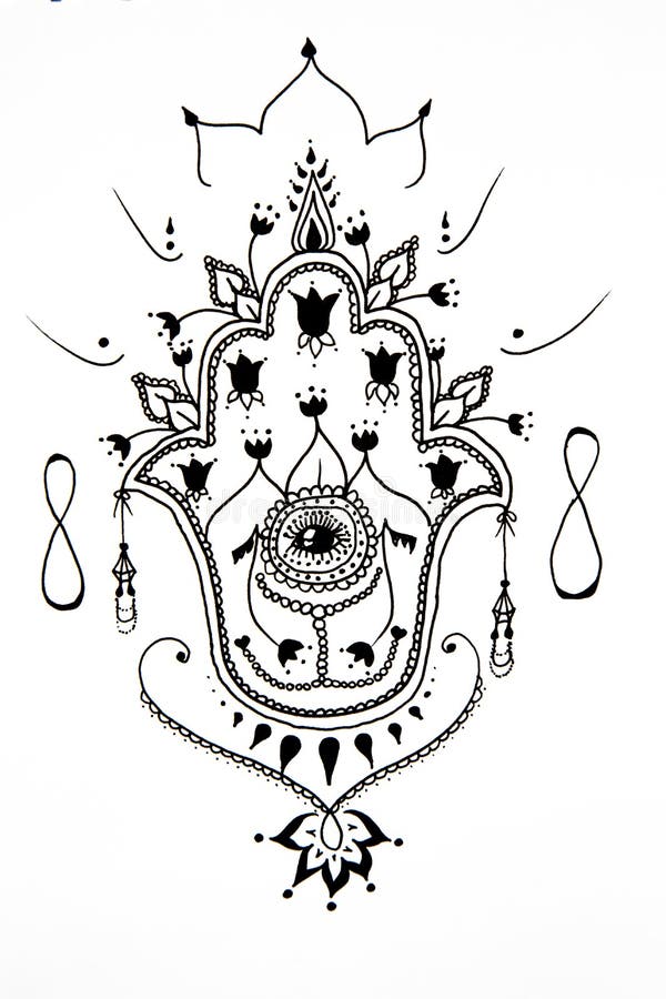 Hamsa Black and White Hand Drawing Stock Illustration - Illustration of ...