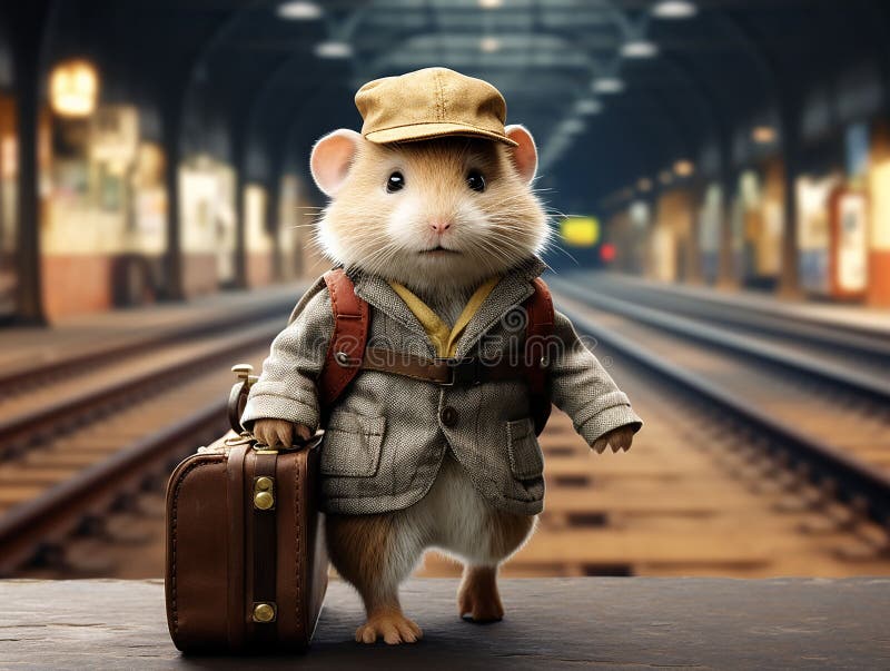 Hamster with Briefcase Standing Waiting for the Train on the Tracks ...