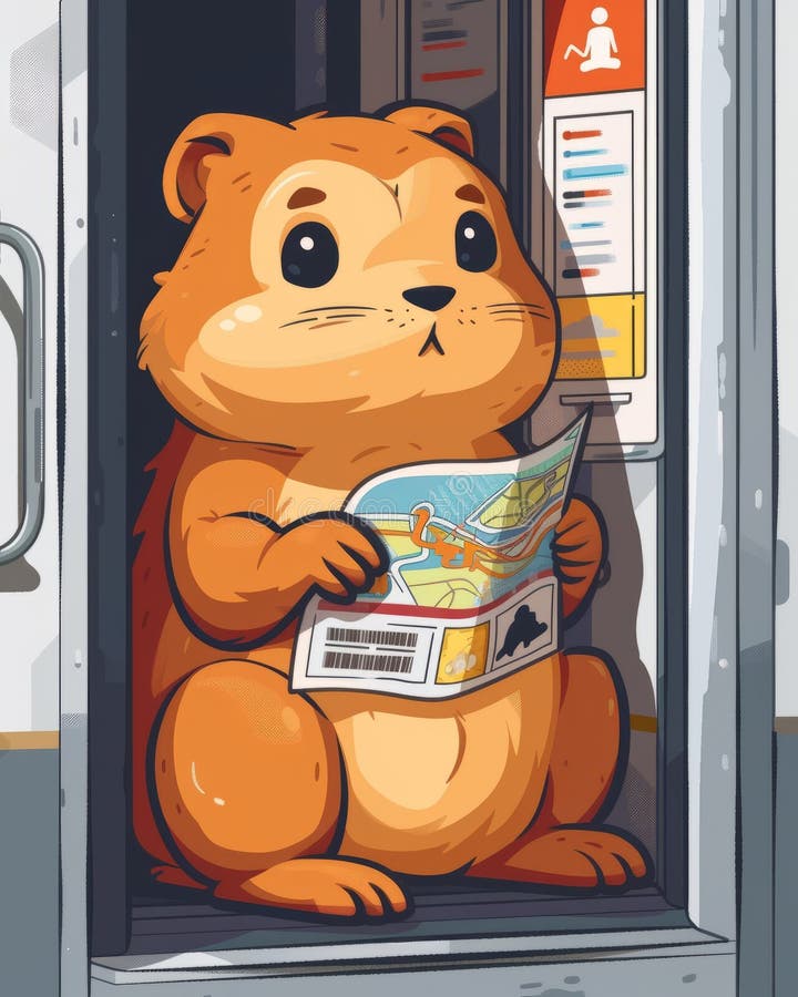 Hamster Character Reading a Route Map Inside a Train Compartment Stock ...