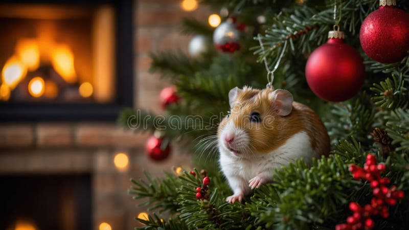 A Hamster Decoratively Perched on a Christmas Tree with a Cozy ...
