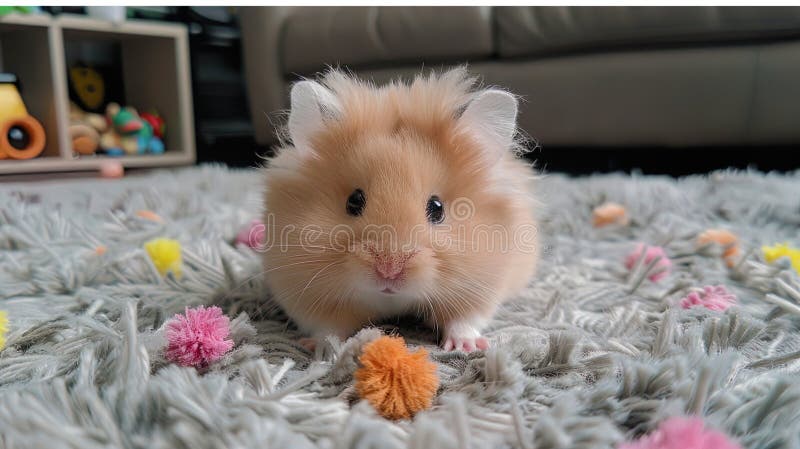A Hamster Digging in His Cage, Surrounded by Toys and Running Wheel ...