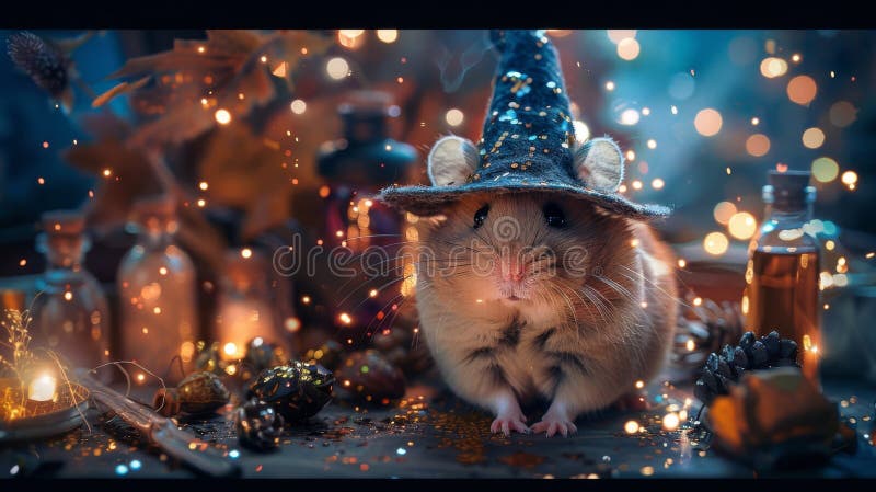 A Hamster Dressed As a Wizard Sits on a Table, Surrounded by Magical ...