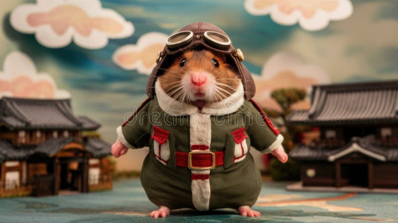A Hamster Dressed in a Pilot Outfit with Toy Buildings Behind Him, AI ...