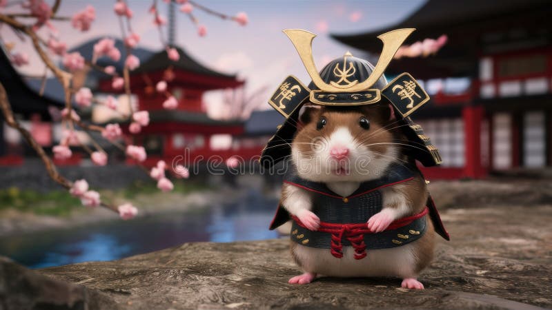 A Hamster Dressed in a Samurai Outfit Standing on Rocks, AI Stock ...
