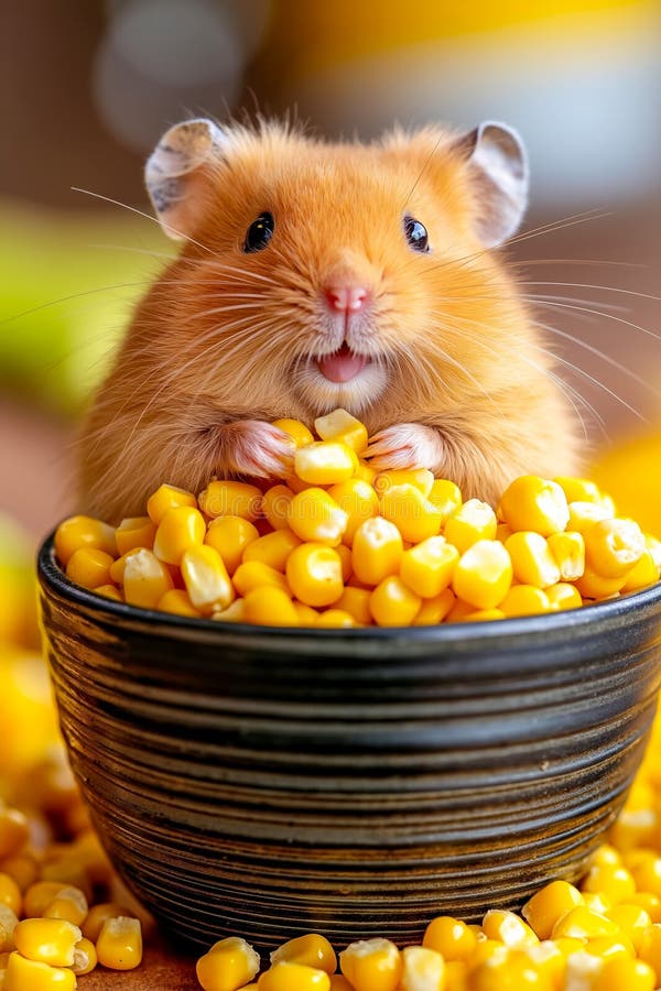 A Hamster Eating Corn in a Bowl of Corn Kernels Stock Photo - Image of ...