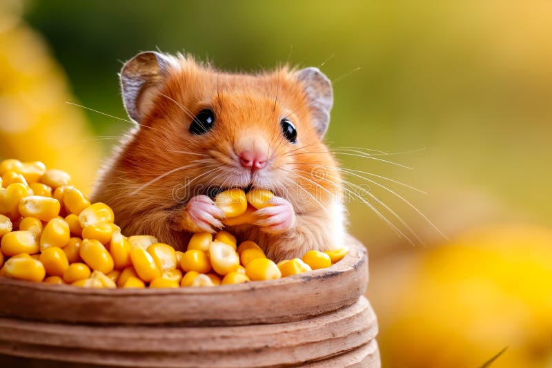 A Hamster Eating Corn in a Wooden Bowl Stock Image - Image of mouse ...