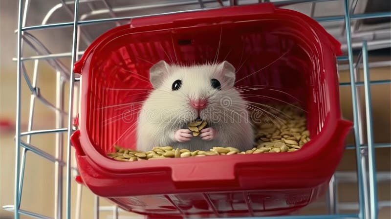 Hamster Eating Seeds in Red Cage Feeder, Home Stock Image - Image of ...