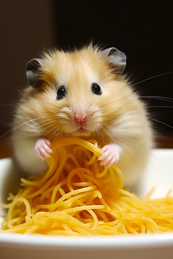 Hamster Eating Spaghetti on White Plate with Black Back Ground ...