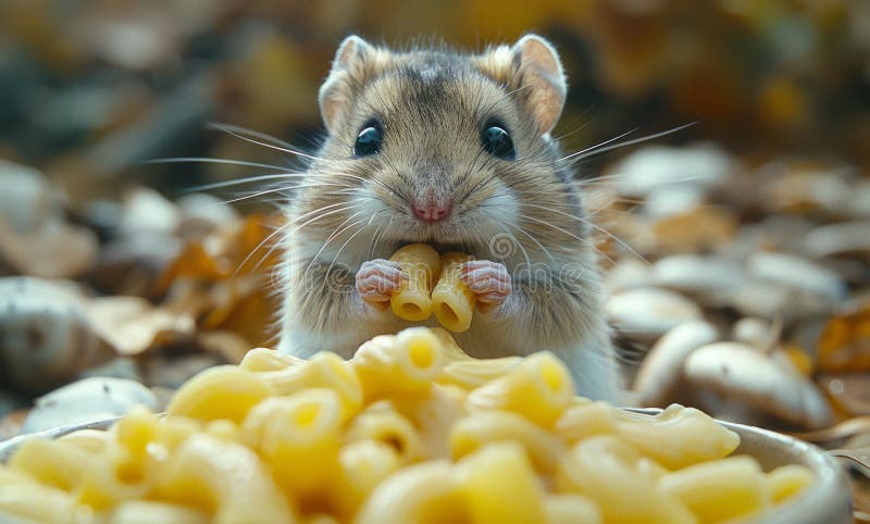Hamster Eats Pasta in Pile of Leaves Stock Photo - Image of wildlife ...