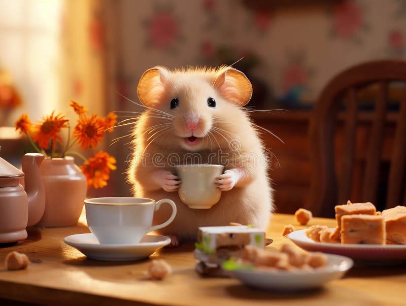 Hamster in His House Sitting at the Table and Drinking Tea with Treats ...