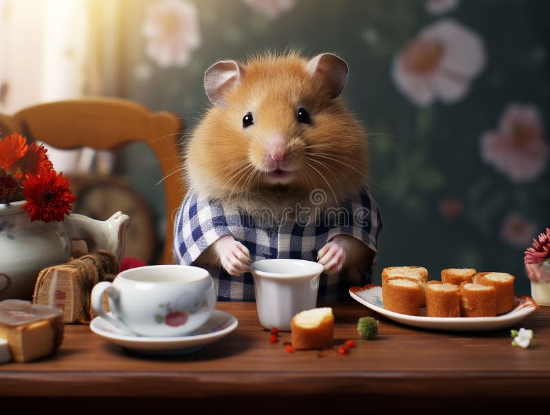Hamster in His House Sitting at the Table and Drinking Tea with Treats ...
