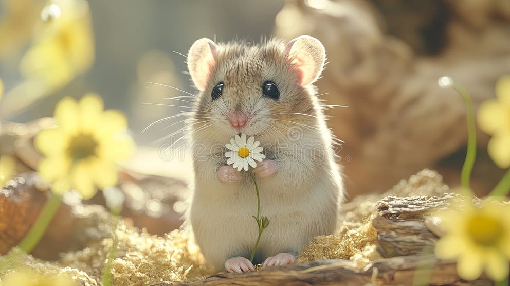 A Hamster Holding a Tiny Daisy in a Spring-themed Setup Digital Stock ...