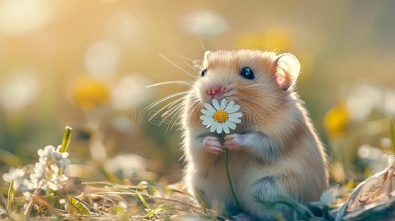 A Hamster Holding a Tiny Daisy in a Spring-themed Setup Digital Stock ...