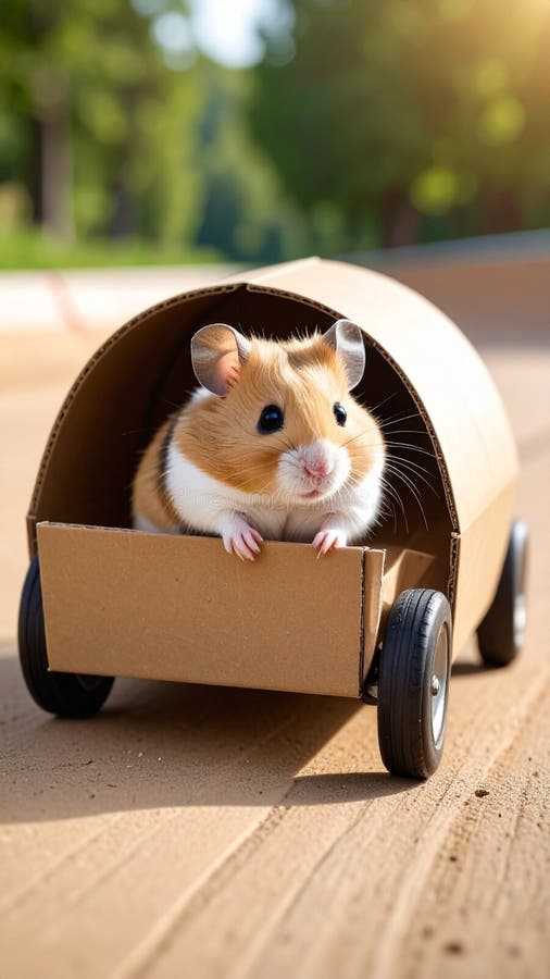 Hamster Inside a Mini Cardboard Car Driving on a Makeshift Race Track ...