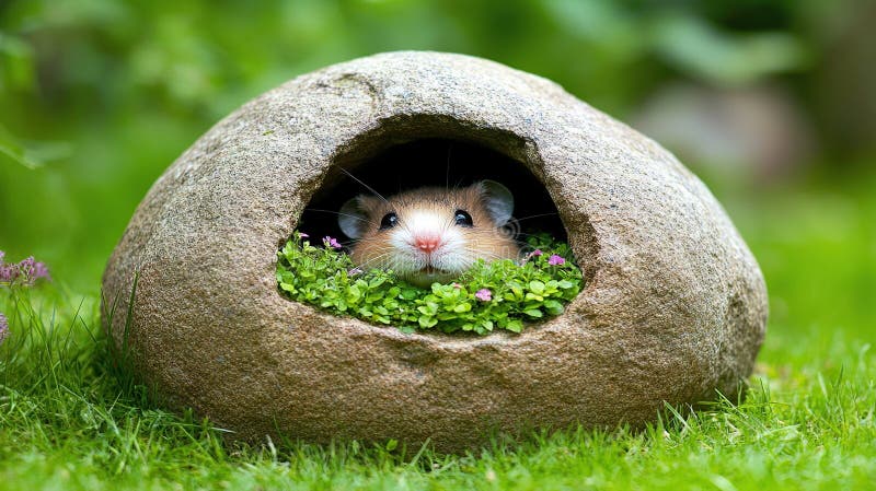 Hamster Peeking from Rock Garden Hideout Stock Image - Image of ...
