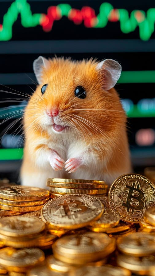 HAMSTER on a Pile of Bitcoin Coins in Front of a Trading Chart. Stock ...