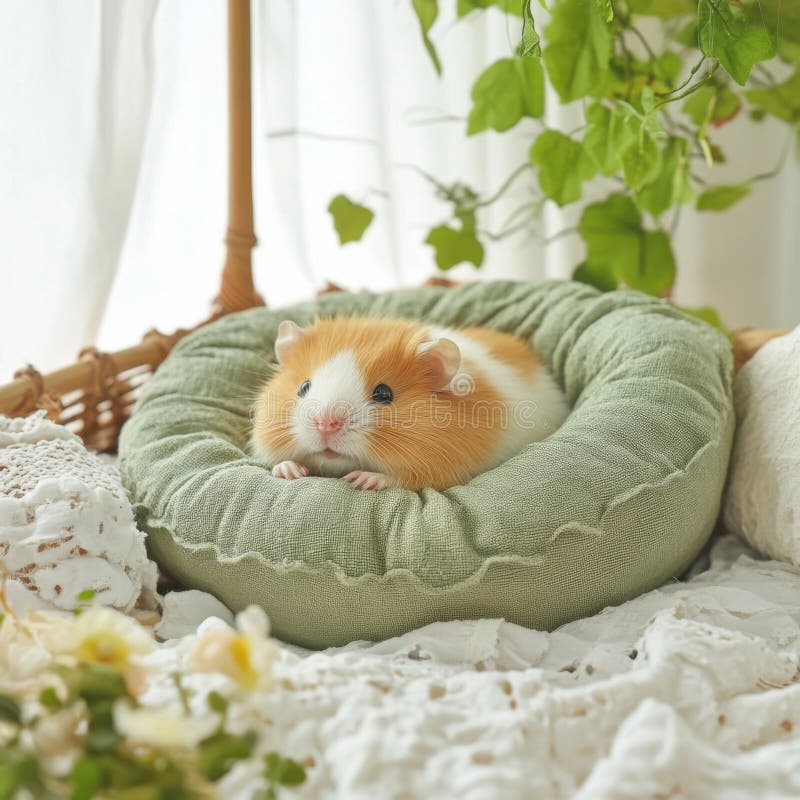 Hamster Resting in Cozy Green Bedding Surrounded by Soft Textures and ...