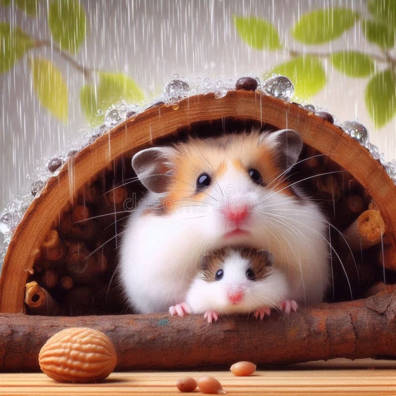A Hamster Sheltering Under a Branch with Rain Falling Down from the Sky ...