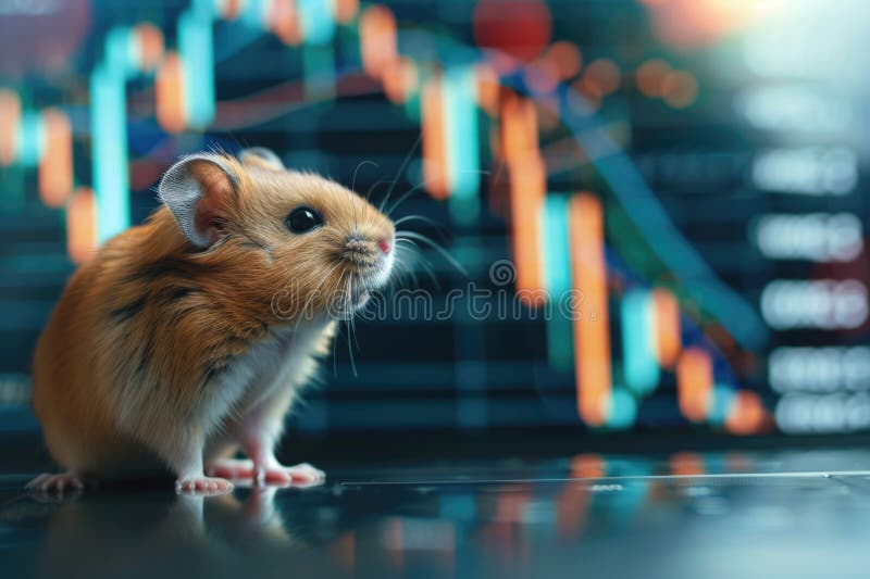 A Hamster Sits on a Desk in Front of a Screen Displaying a Stock Market ...