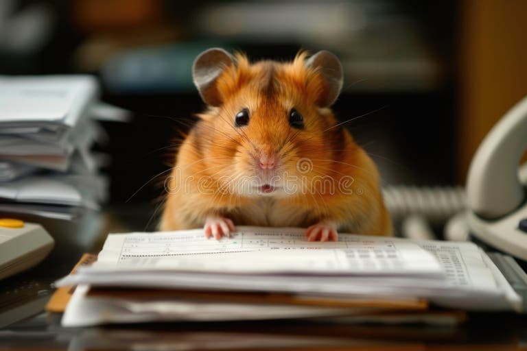 A Hamster Sits on a Desk with a Pile of Papers in Front of it, Looking ...