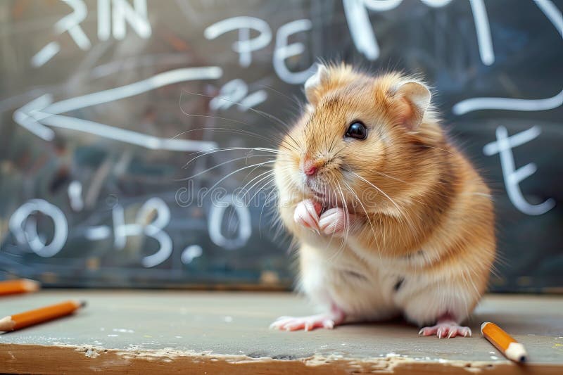 Hamster Sitting on a Desk in Front of a Chalkboard with Scribbled ...
